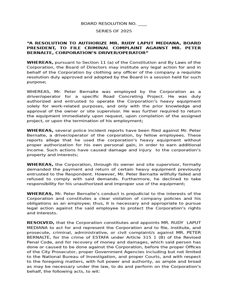 Board Resolution for Legal Action Against Employee | PDF | Prosecutor ...