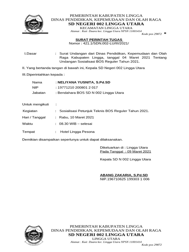 Surat Perintah Tugas SDN 002 Lingga Utara | PDF