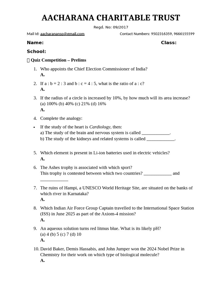 Quiz Competition Set 1 | PDF | Physical Sciences