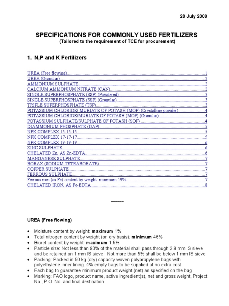 Specifications For Commonly Used Fertilizers: 1. N, P and K Fertilizers ...