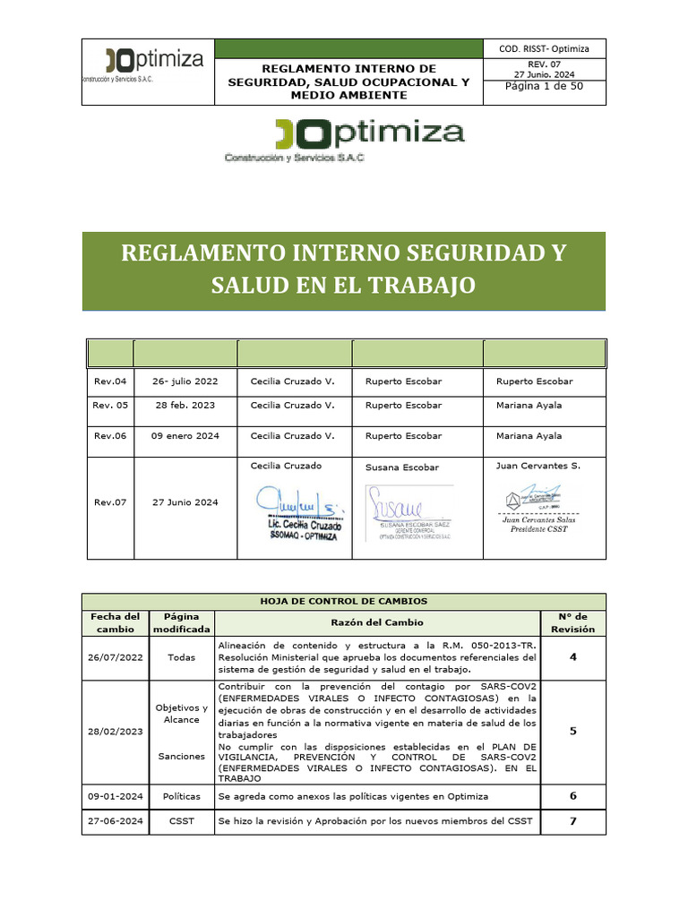 REGLAMENTO INTERNO SST (Rev.07 - 2024) | PDF | Seguridad y salud ocupacional | Acoso sexual