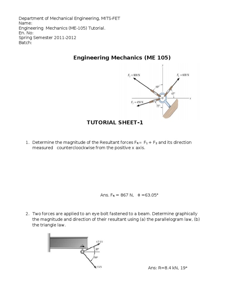 Solutions to Engineering Mechanics Problems on Forces and Resultants ...