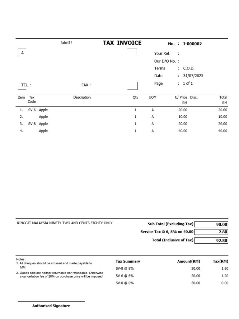Tax Invoice: A Your Ref.: Our D/O No.: Terms: C.O.D. Date: 31/07/2025 ...