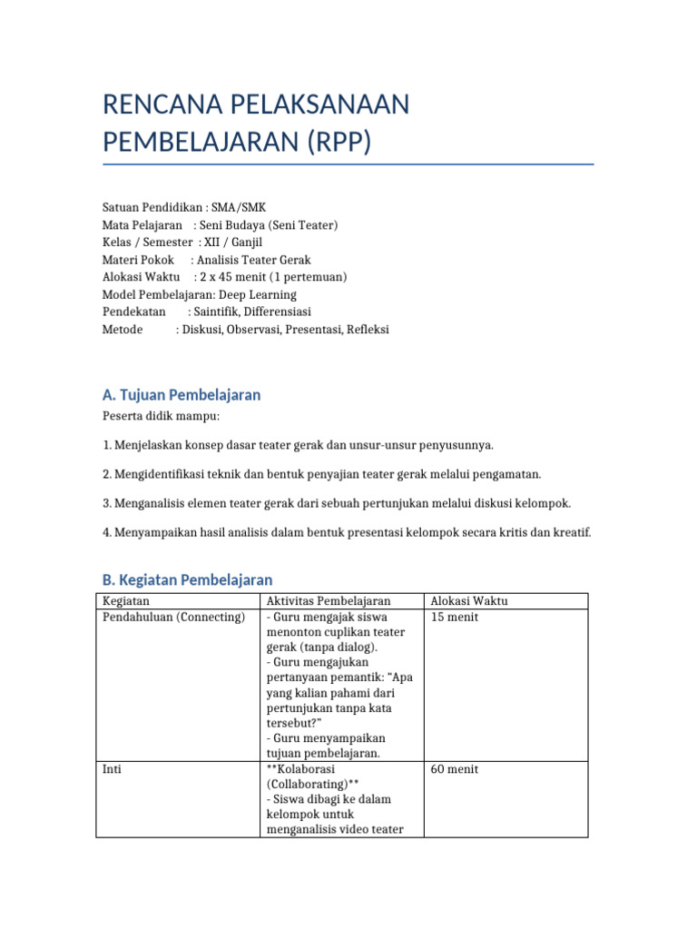 RPP Deep Learning Analisis Teater Gerak | PDF
