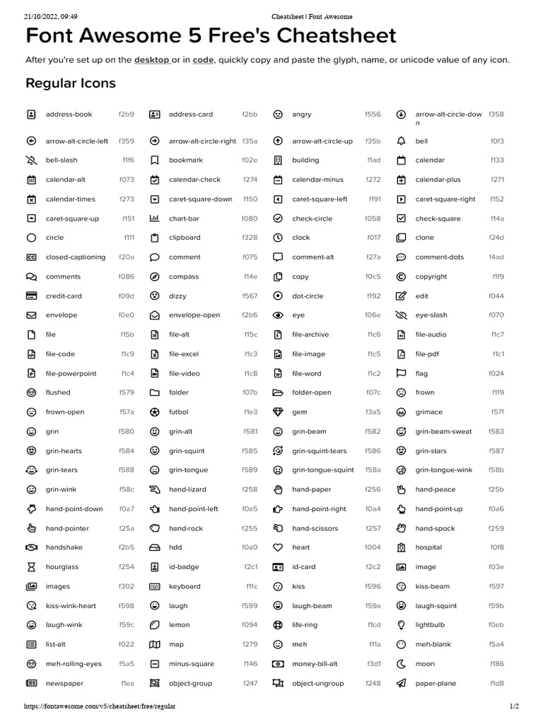 Cheatsheet - Font Awesome - Regular Icons | PDF | Text | Digital Typography