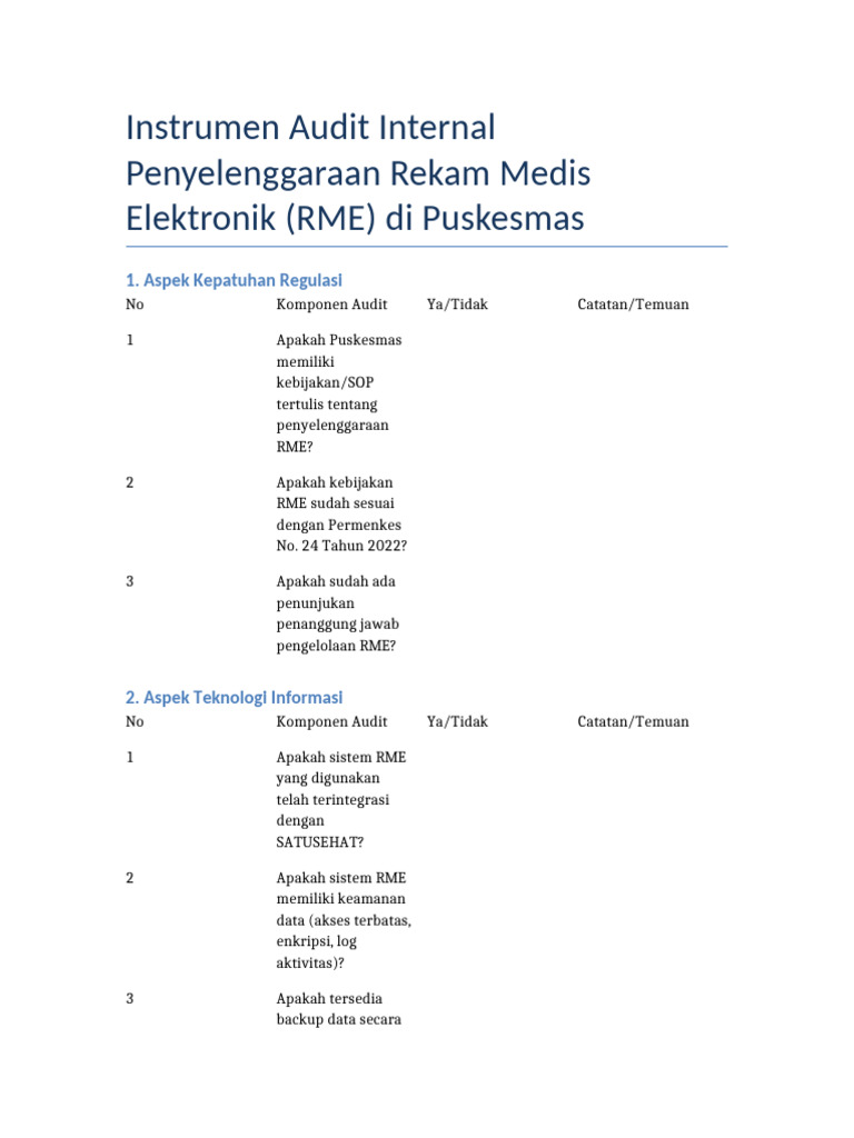Instrumen Audit Internal RME Puskesmas | PDF