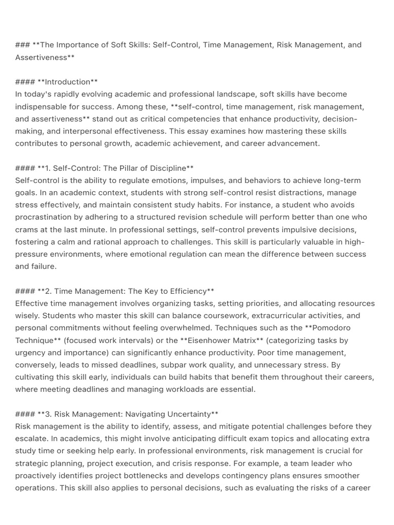 The Importance of Soft Skills Self-Control, Time Management | PDF ...