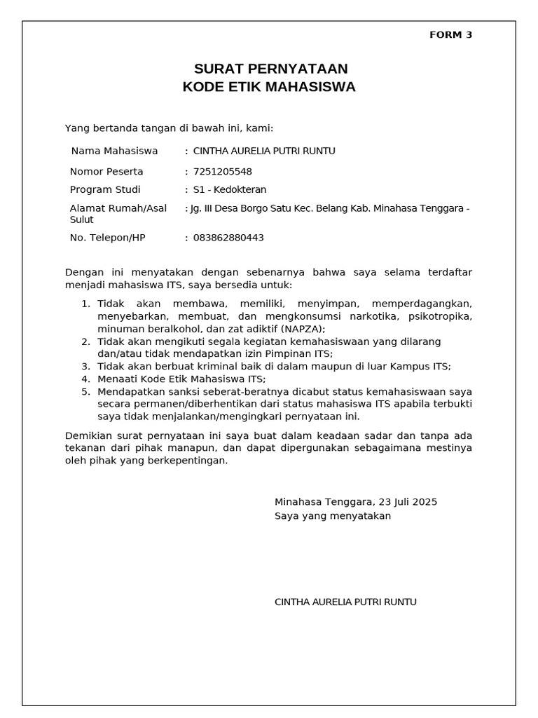 Surat Pernyataan Kode Etik Mahasiswa Form3 | PDF