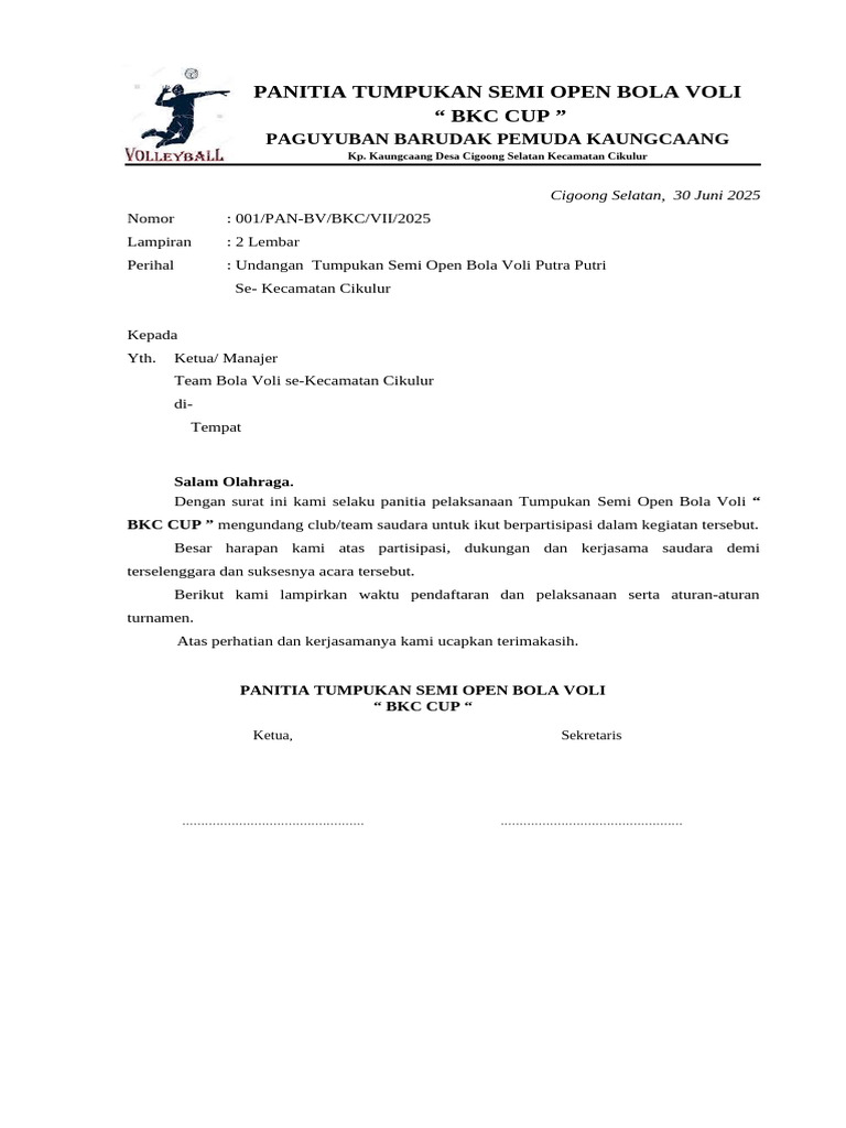 Undangan Semi Open Turnamen Voli BKC Cup | PDF