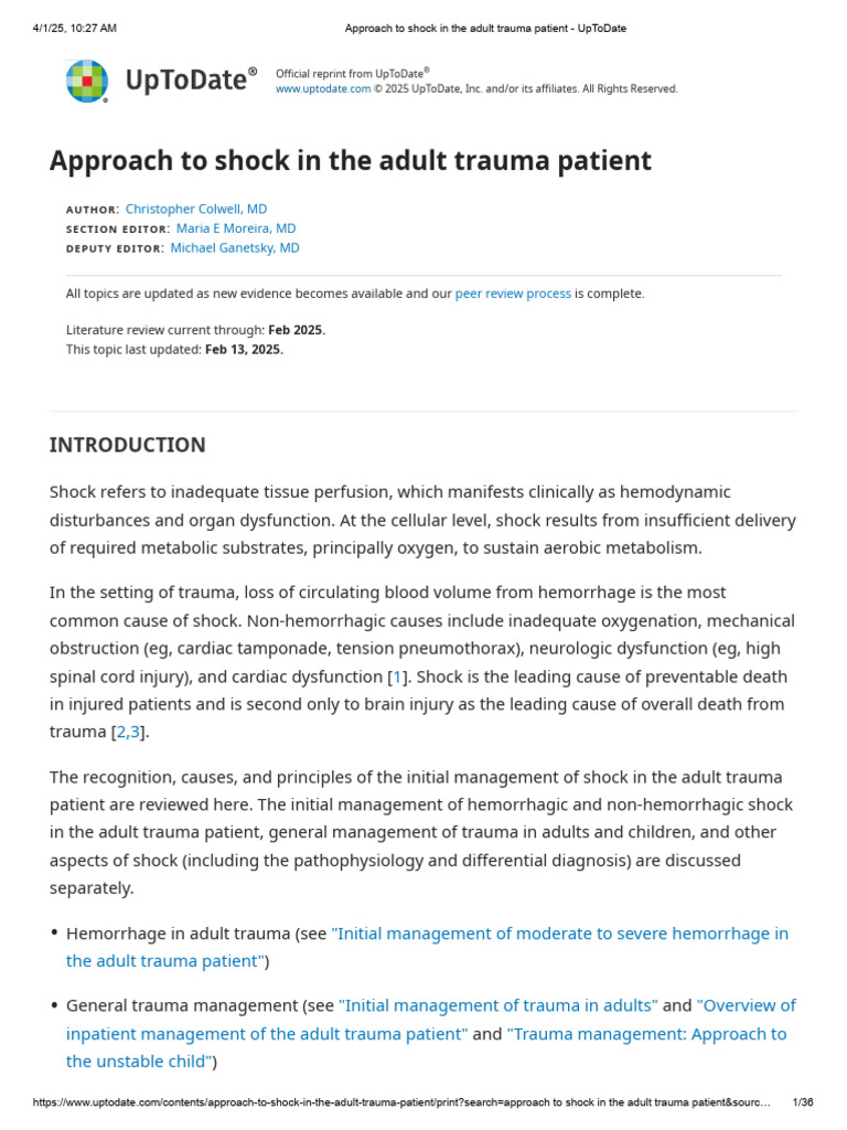 Approach To Shock in The Adult Trauma Patient - UpToDate | PDF | Shock ...