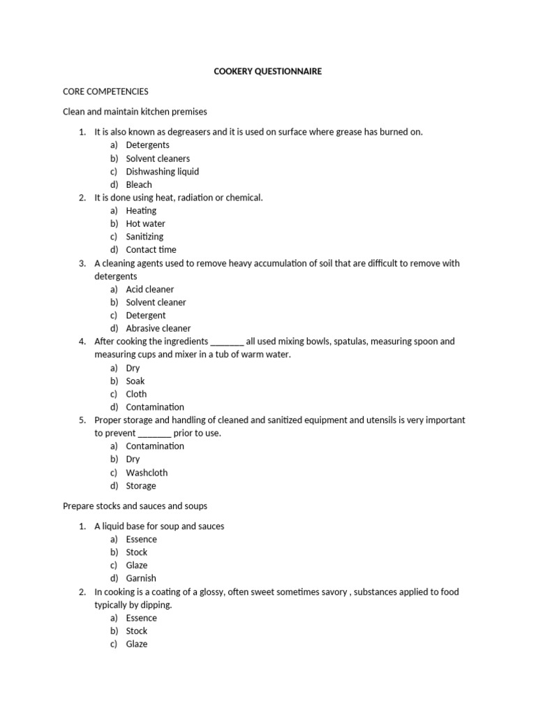 Cookery Questionnaire Answers | PDF | Salad | Cooking