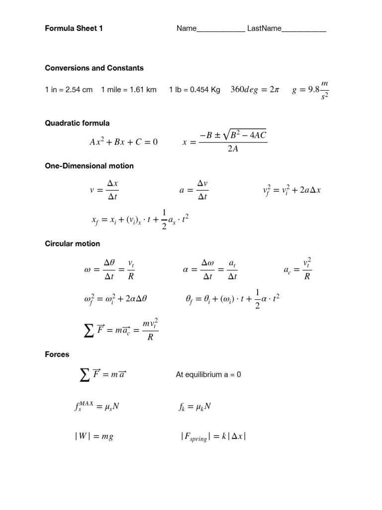 Formula Sheet M1 | PDF