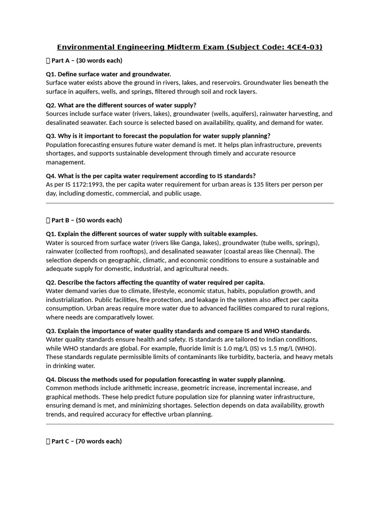 Environmental Engineering Midterm Exam (Subject Code: 4CE4-03) | PDF | Water Purification | Water