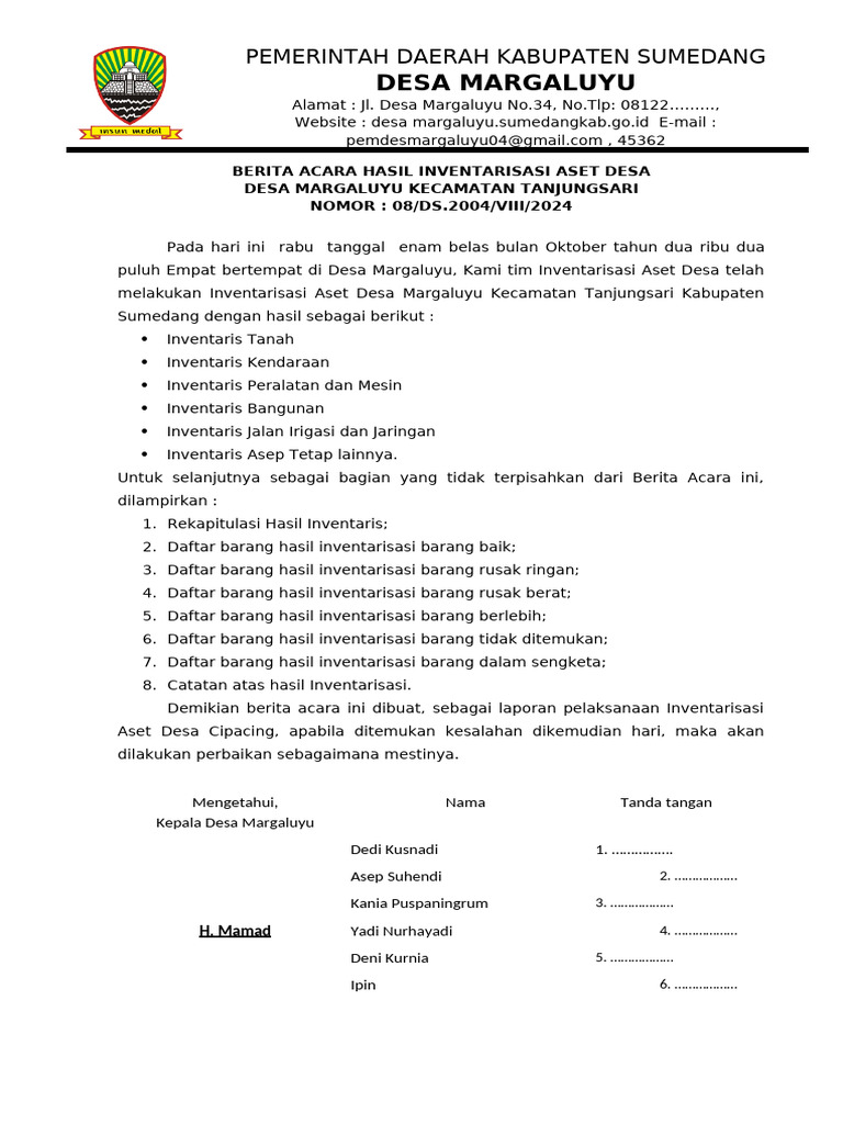 Ba Hasil Inventaris Aset Desa Margaluyu | PDF