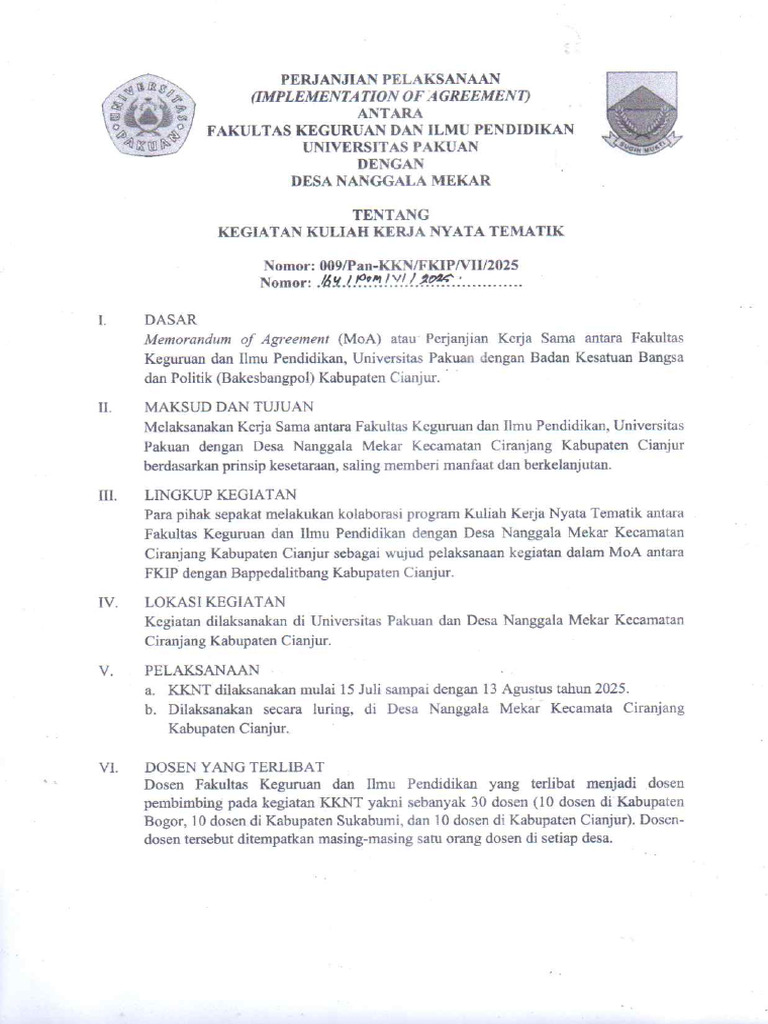 Perjanjian Pelaksanaan Antara Fkip Universitas Pakuan Dengan Desa ...