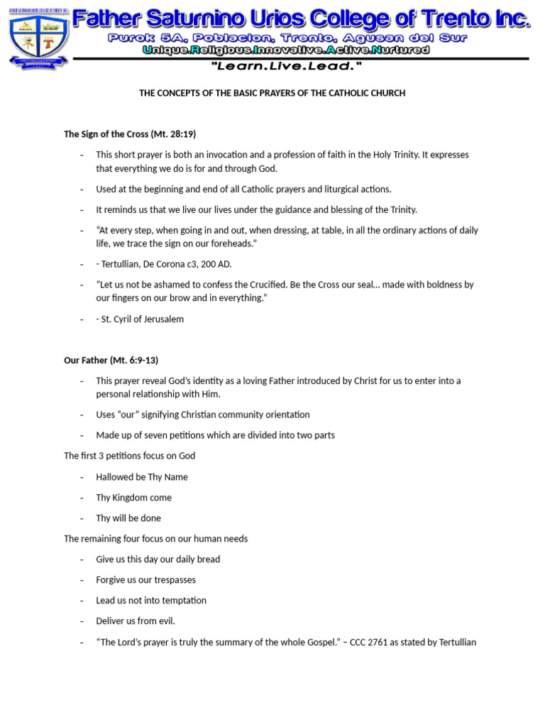 Basic Prayers of the Catholic Church | PDF | Lord's Prayer | Prayer