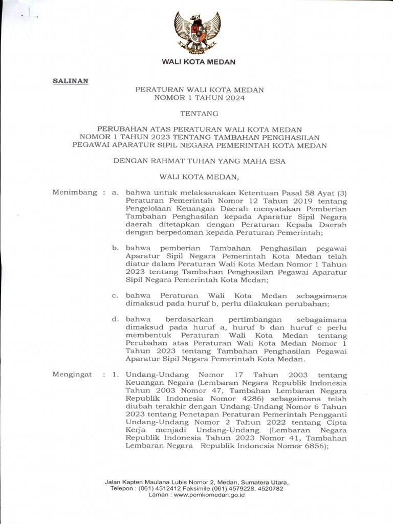 Perwal 1 Tahun 2024 Tentang Perubahan Perwal 1 Tahun 2023 Tentang TPP ...