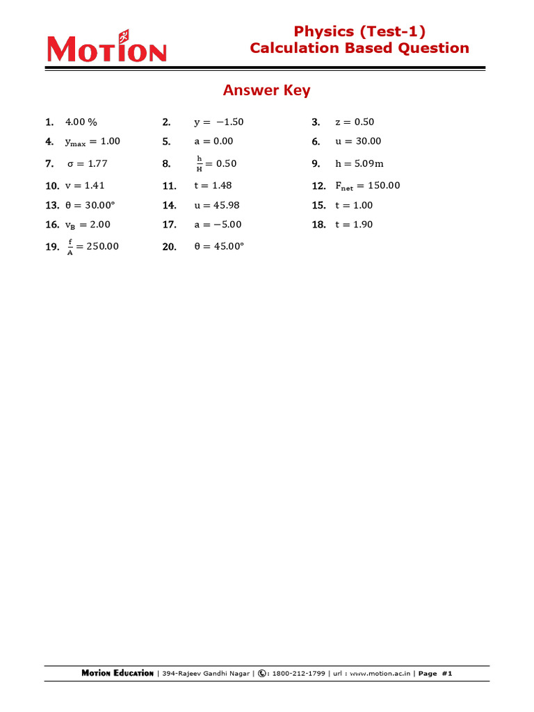 Physics Test-1 Answer Key | PDF