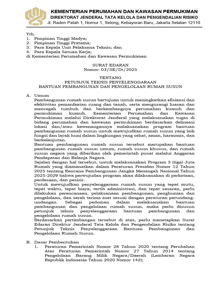 SE Dirjen TKPR Kementerian PKP No. 03 Tahun 2025 | PDF