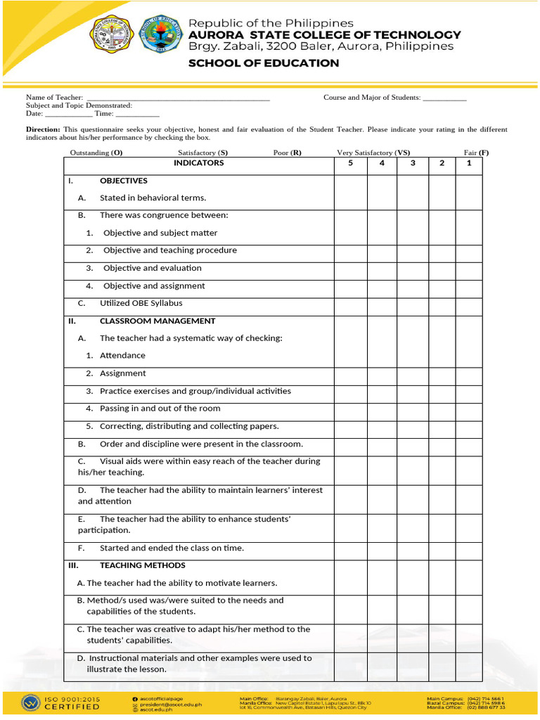 Demo Teaching Evaluation Rating Sheet | PDF | Teachers | Learning