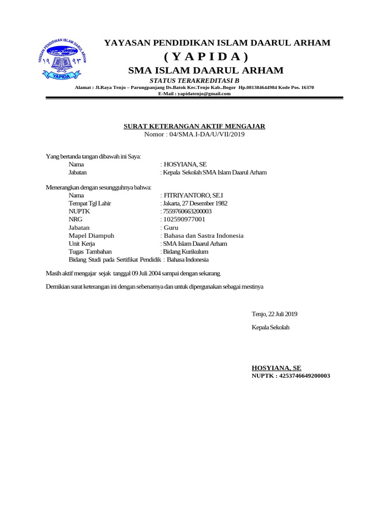 Surat Keterangan Aktif Mengajar YAPIDA | PDF