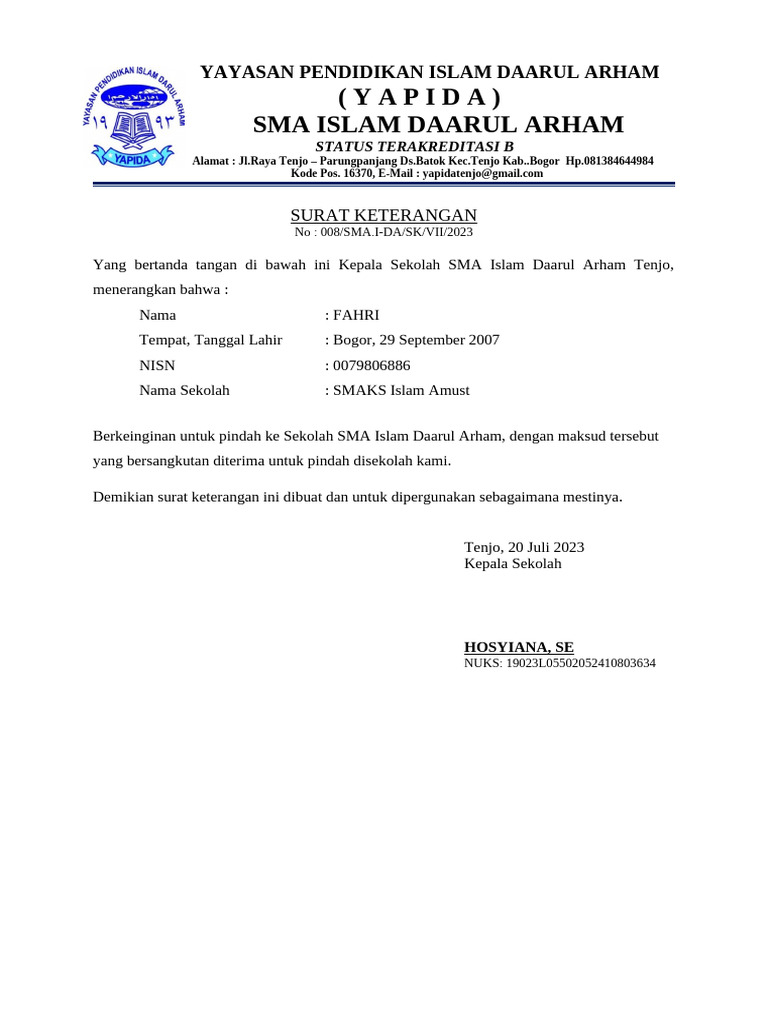 SURAT Diterima Pindah Sekolah | PDF