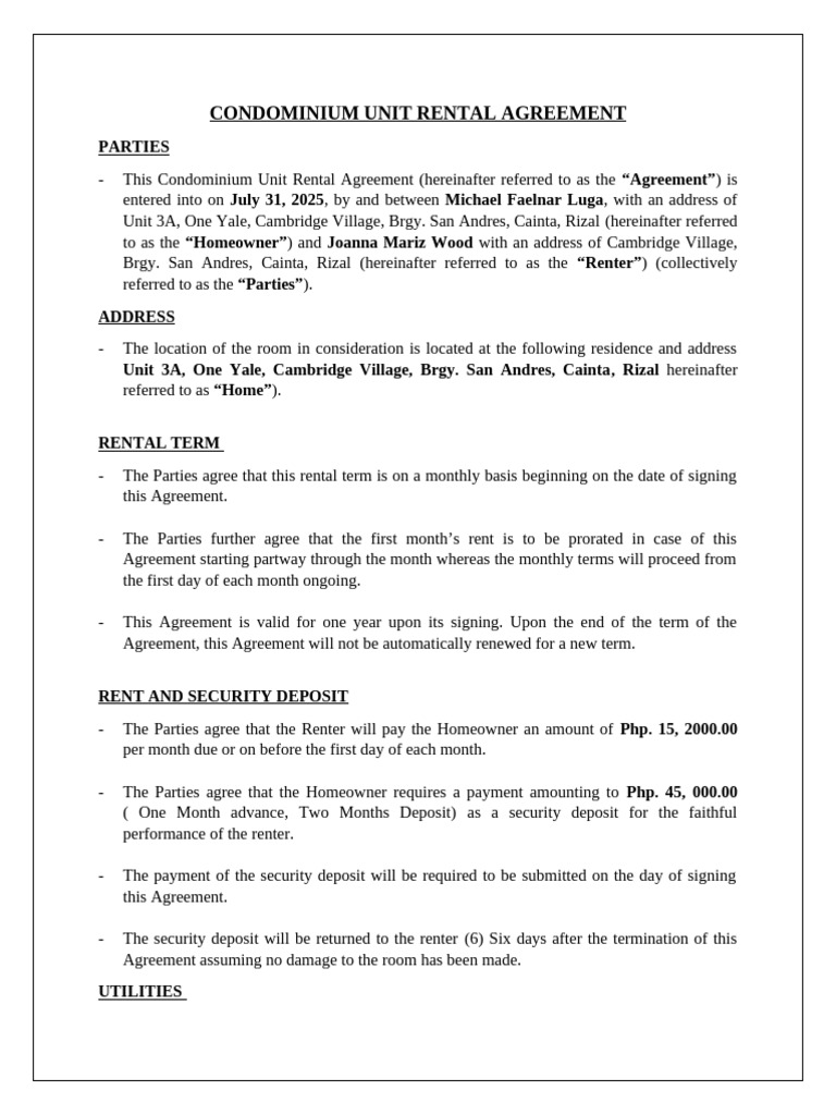 Rental Agreement Unit 3a | PDF | Renting | Common Law