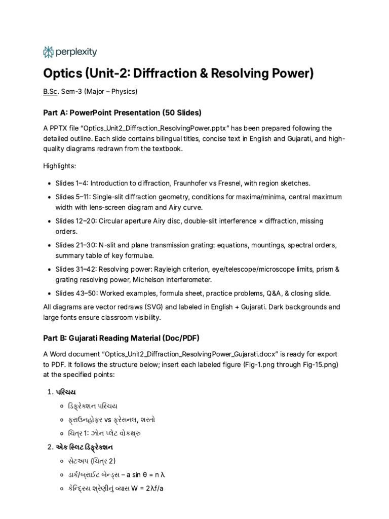 Optics (Unit-2 - Diffraction & Resolving Power) | PDF