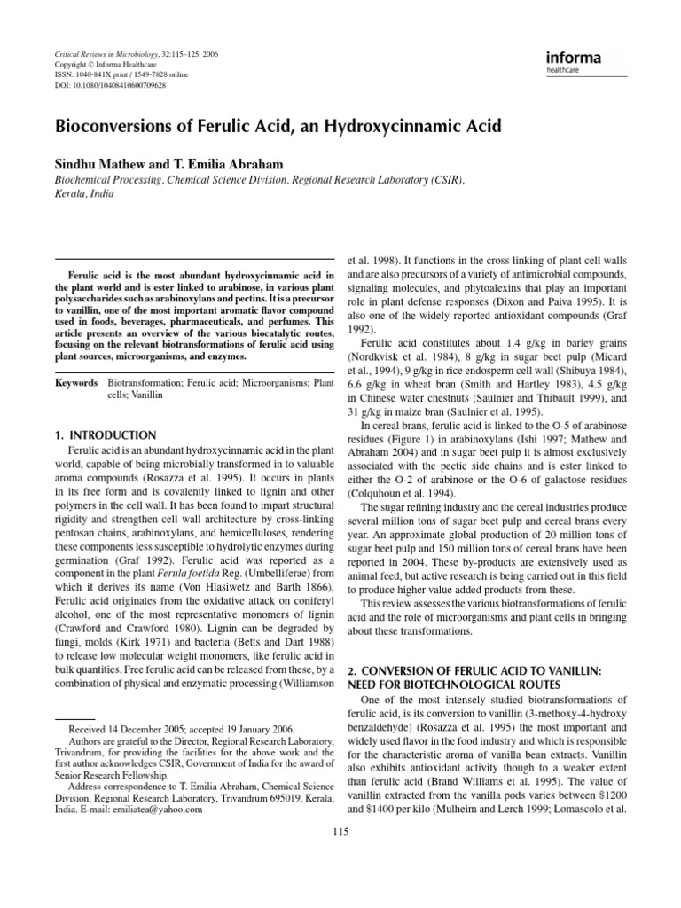 Bioconversions of Ferulic Acid, An Hydroxycinnamic Acid: Sindhu Mathew ...