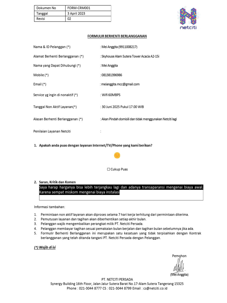 Formulir Berhenti Berlangganan Netciti | PDF
