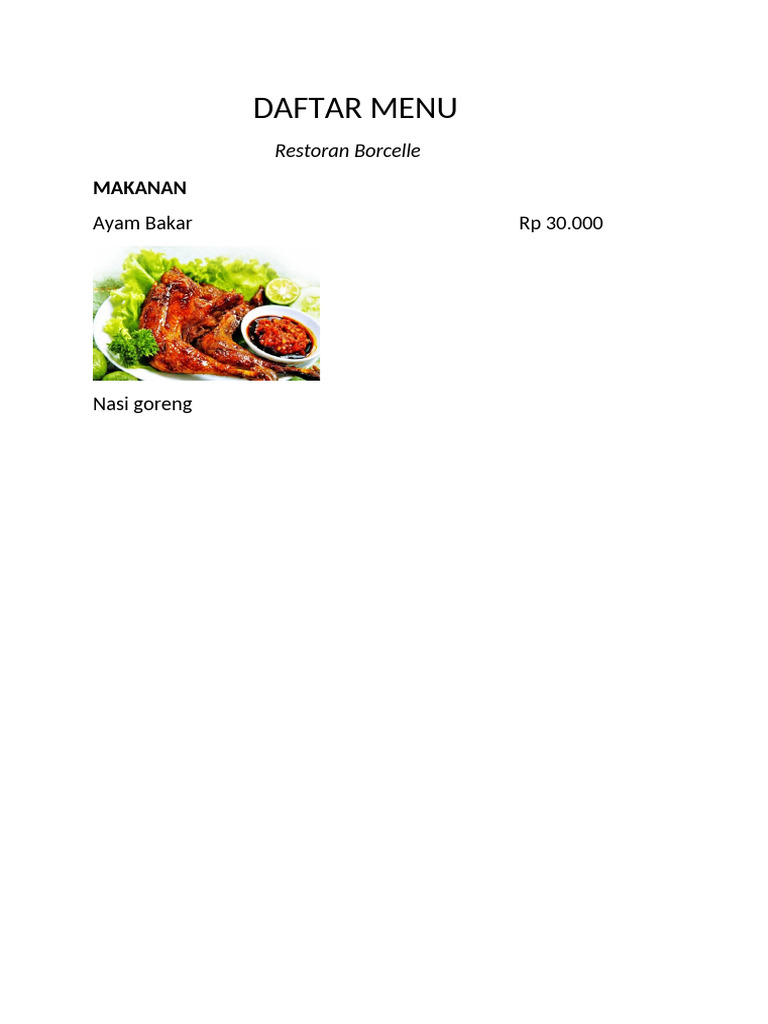 Menu Makanan Restoran Borcelle | PDF
