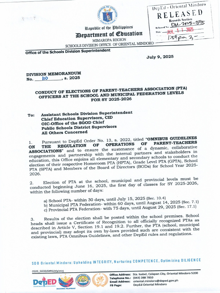Division Memo No. 110 S. 2025 Conduct of Elections of Parent Teachers ...