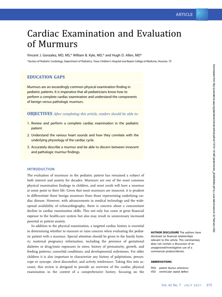 Pediatric Cardiac Exam: Murmur Evaluation | PDF | Heart | Physical ...