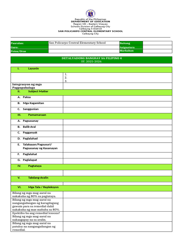 Lesson Plan Template FIlipino Version | PDF