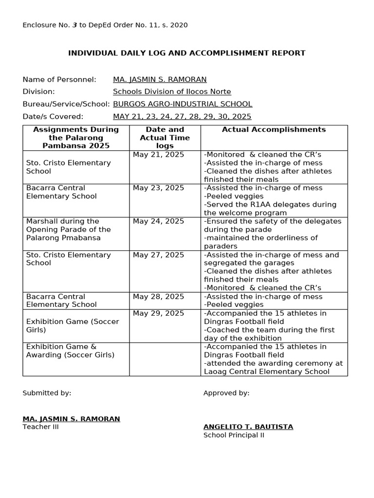 Enclosure No 3 - Individual Daily Log and Accomplsihment Report | PDF