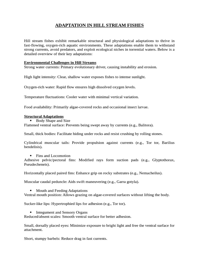 Adaptations of Hill Stream Fishes | PDF | Fish | Biology