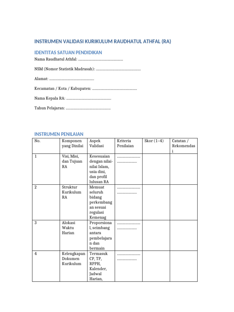 Instrumen Validasi Kurikulum RA Lengkap Dengan Pedoman | PDF