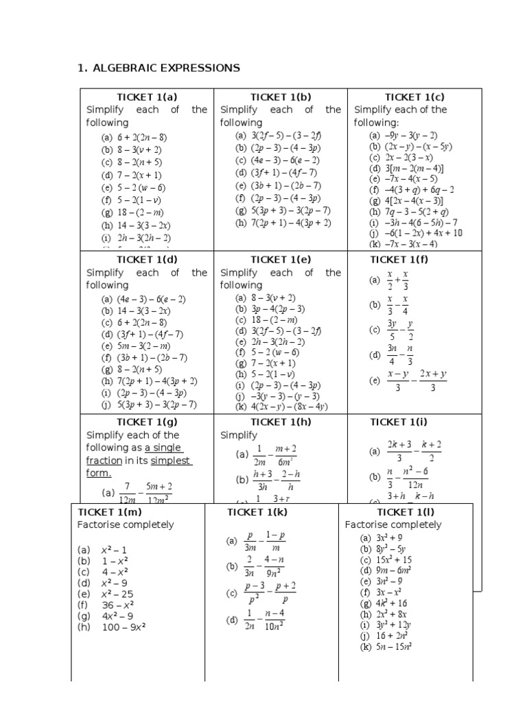 Algebraic Expressions Simplification | PDF | Elementary Mathematics ...