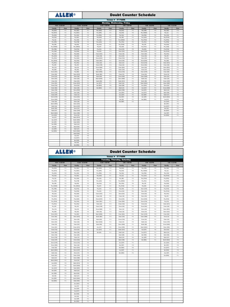 Allen: Doubt Counter Schedule | PDF