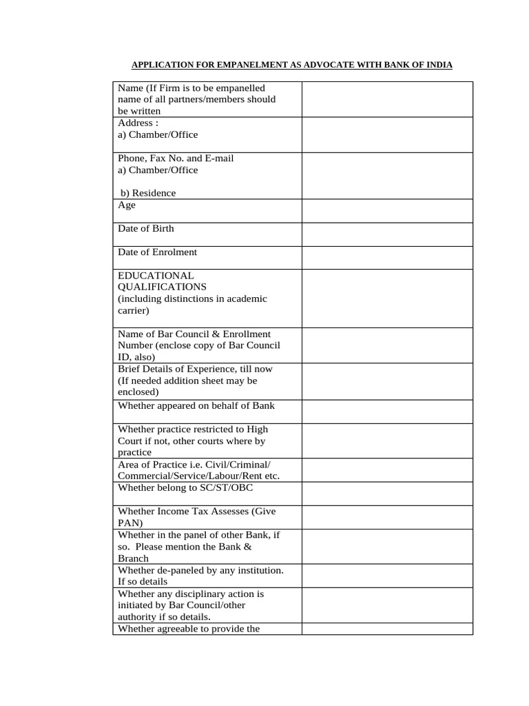 Bank of India Advocate Empanelment Form | PDF | Advocate | Government