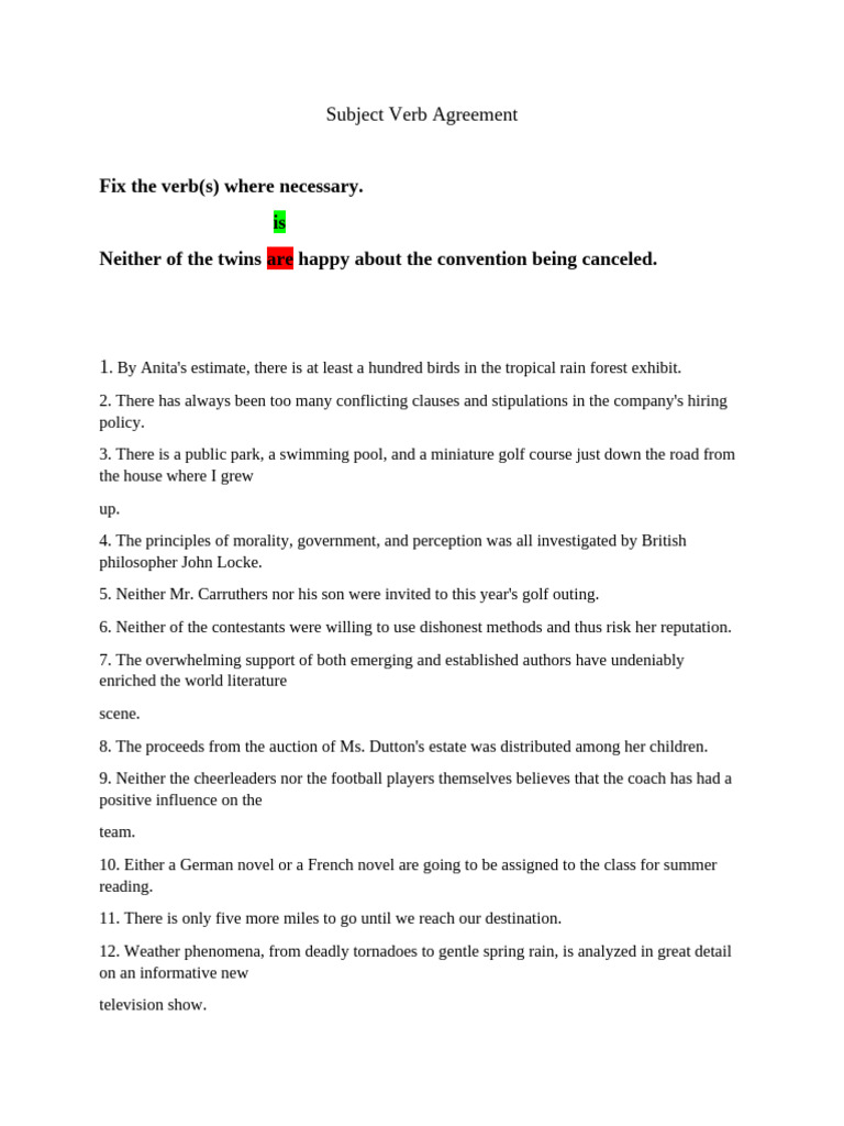 Subject Verb Agreement Prac 1 | PDF