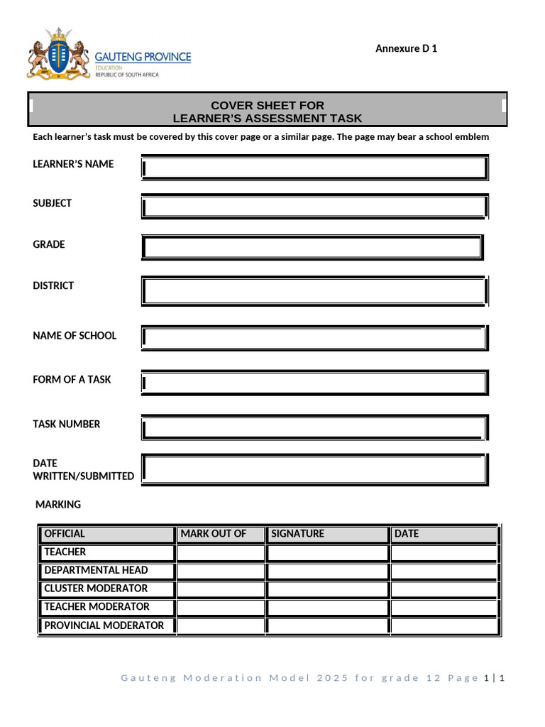 Annexure D1 Learner Cover Page Per Task | PDF
