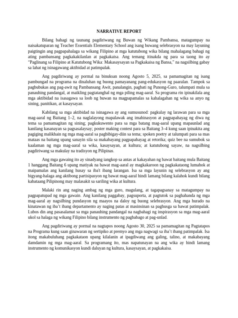 NARRATIVE REPORT - Filipino Accomplishment Report | PDF