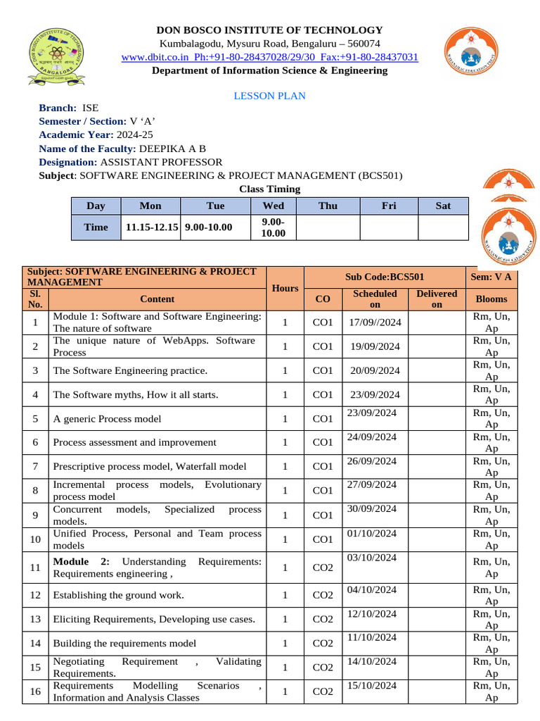 BCS501 Software Engineering Lesson Plan | PDF | Agile Software ...