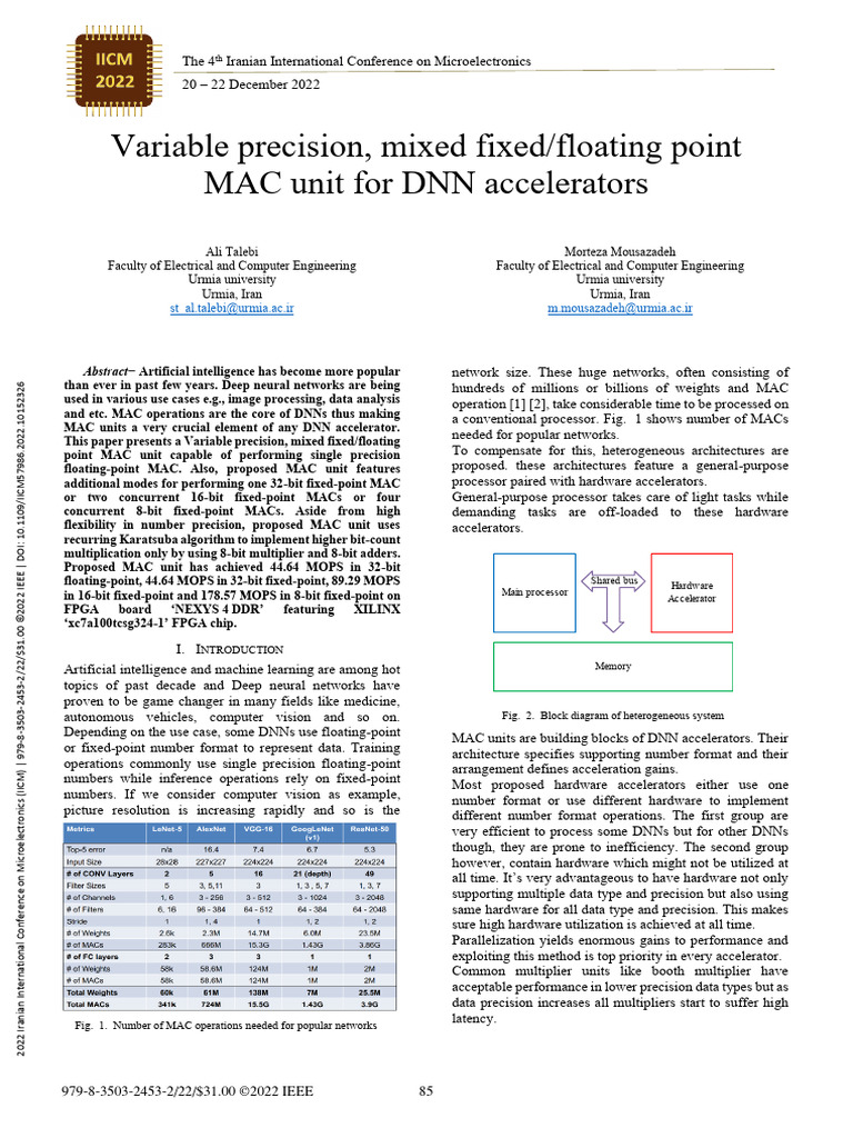 Variable Precision Mixed Fixed Floating Point MAC Unit For DNN Accelerators | PDF | Deep ...