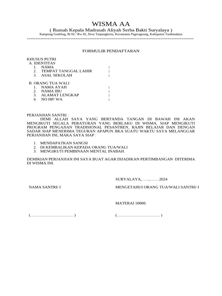 Formulir Wisma Aa Word | PDF