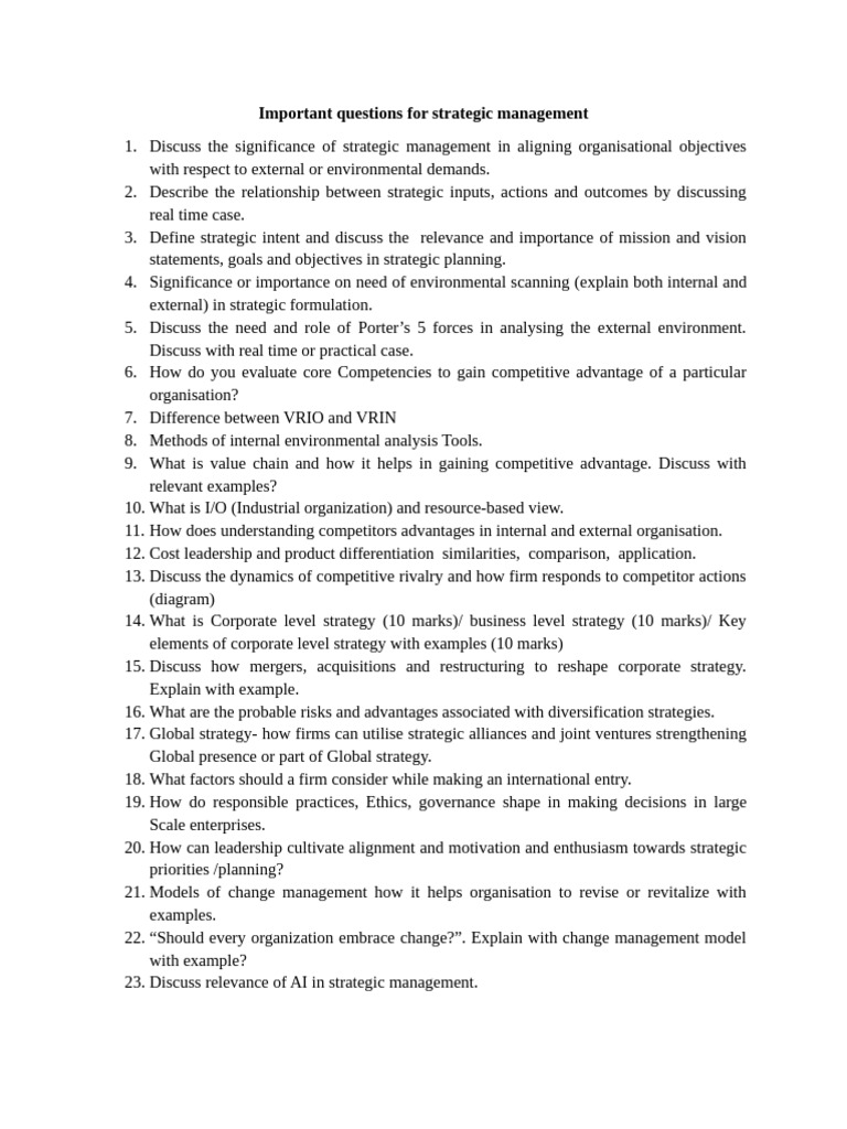 Important SM Questions | PDF | Strategic Management | Business Intelligence