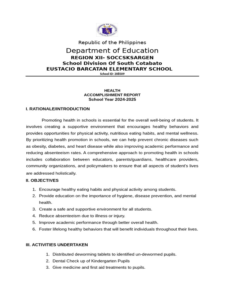 Accomplishment Report 2024 2025 Final Pdf Hand Washing Toothbrush