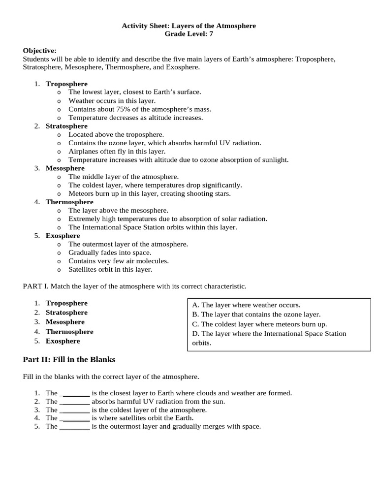 Activity Sheet Layes of The Atmosphere | PDF