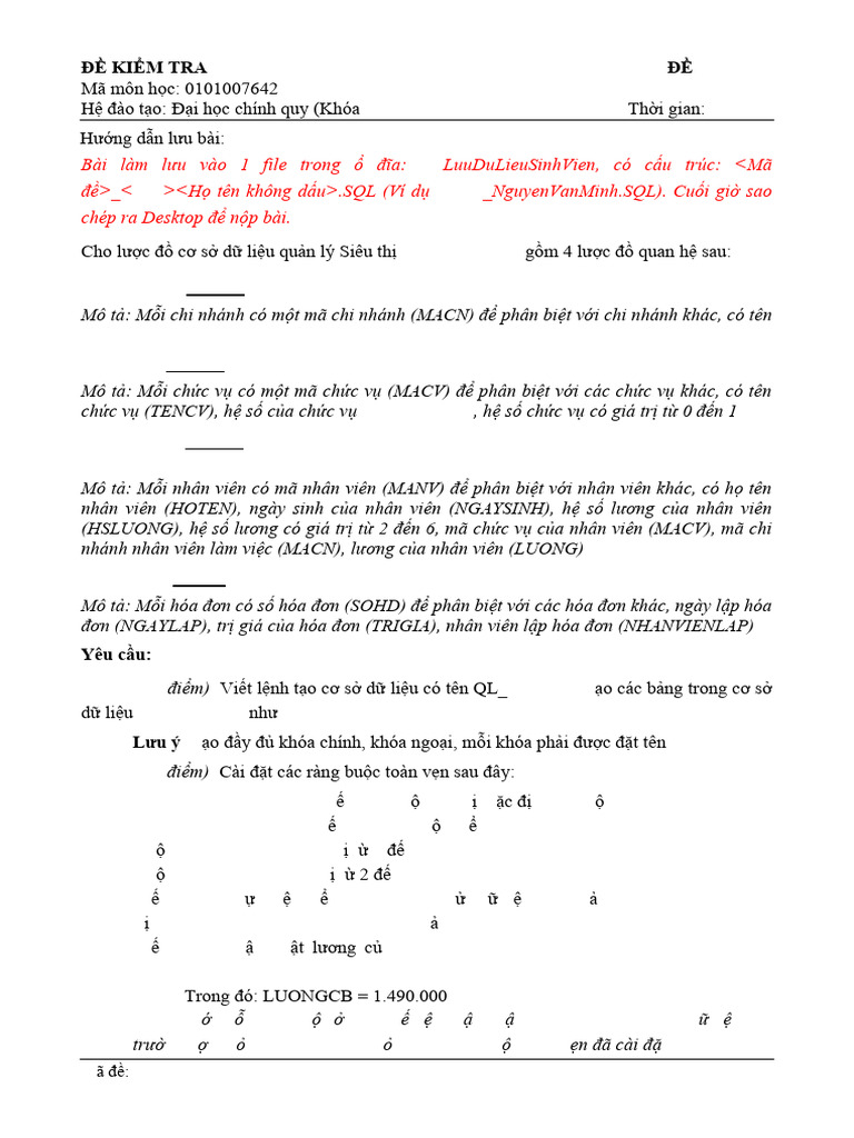 De 02 - Kiem Tra CK - TH CSDL - 12dhth | PDF